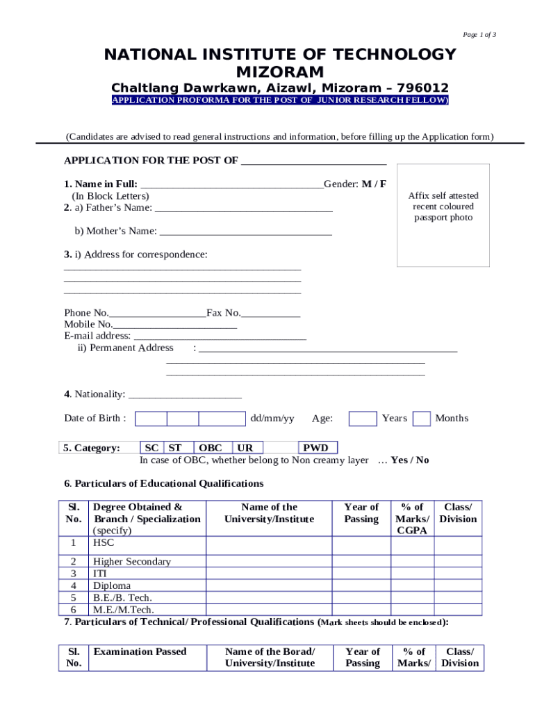 National Institute of Technology Mizoram NIT Applications ... Doc Template | pdfFiller