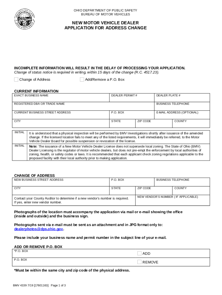 Leasing Motor Vehicle Dealer Application For Address Change - publicsafety ohio Doc Template ...