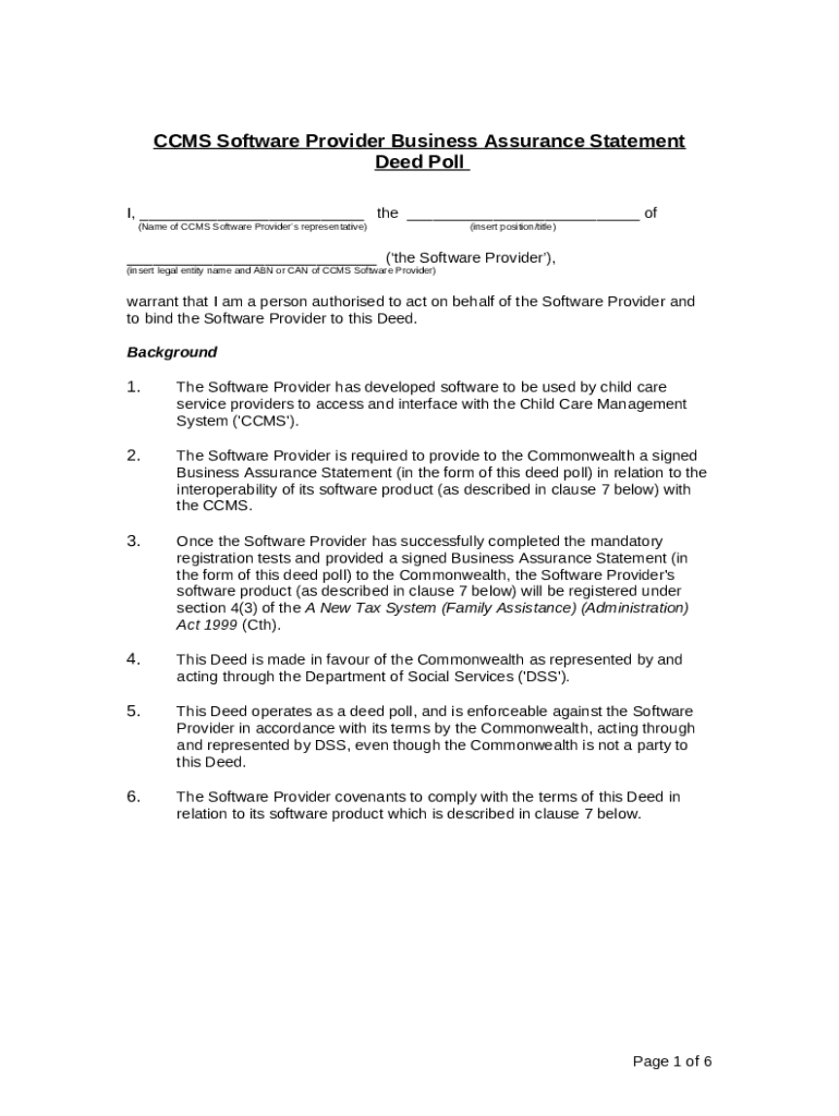 CCMS Software Provider Business Assurance Statement ... Doc Template ...