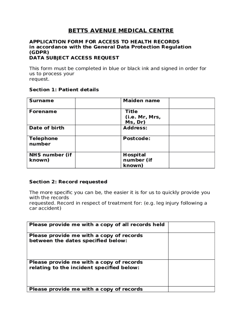 Betts Avenue Subject Access Request Doc Template | pdfFiller