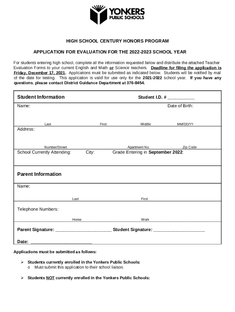 High School Century Honors Program Application for ... Doc Template | pdfFiller