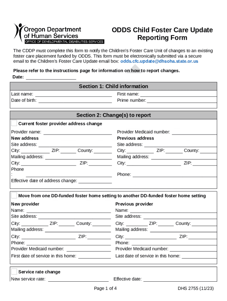 ODDS Child Foster Care Update Reporting Doc Template | pdfFiller