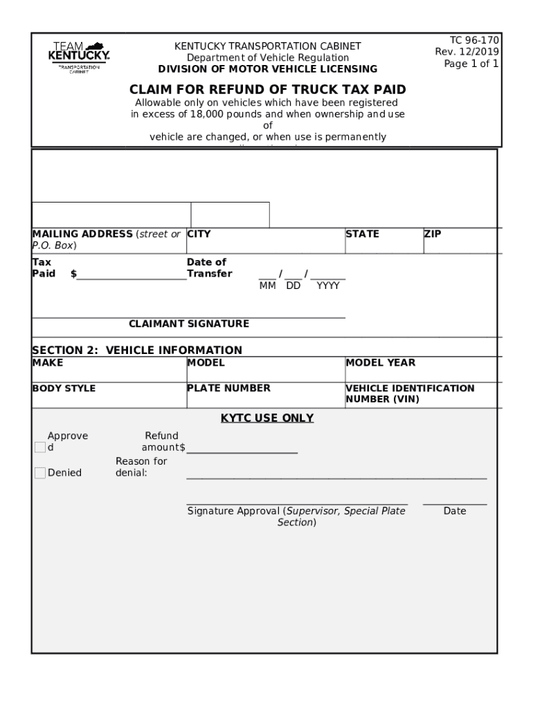 Claim for Refund of Truck License Fee - KYTC - transportation ky Doc Template | pdfFiller