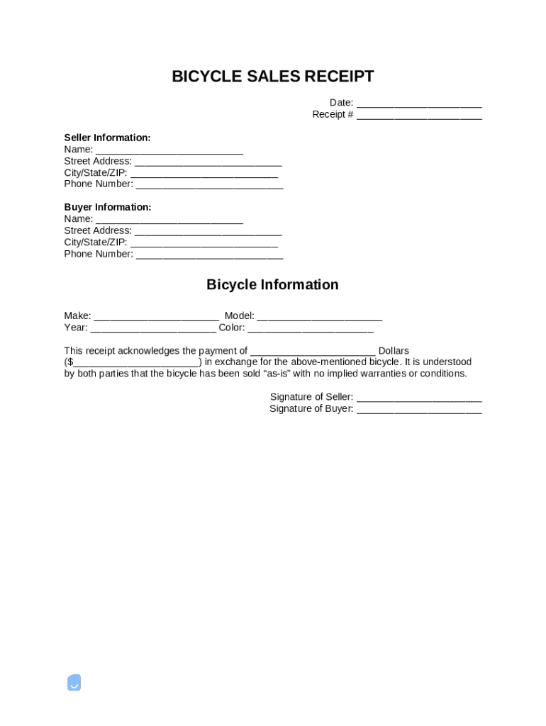 Free Bike (Bicycle) Receipt Template - PDFWord Doc Template | pdfFiller