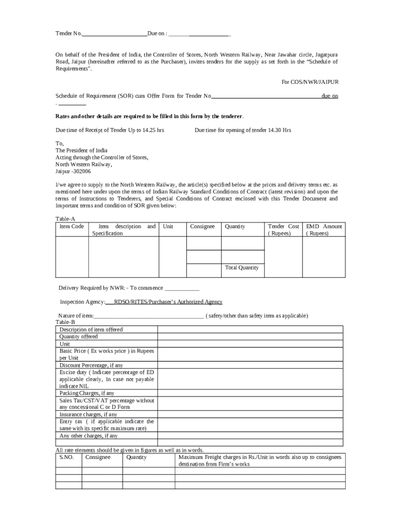 Schedule of Requirement (SOR) cum Offer for Tender No Doc Template ...