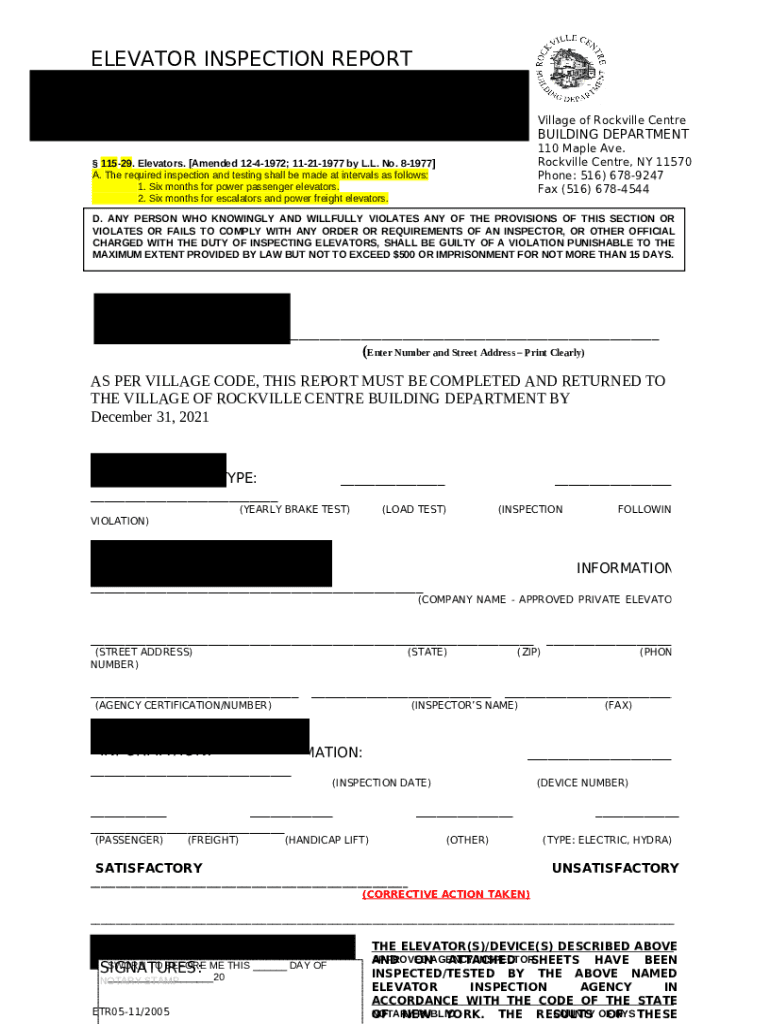 Elevator Inspection ReportRockville Centre NY Doc Template | pdfFiller