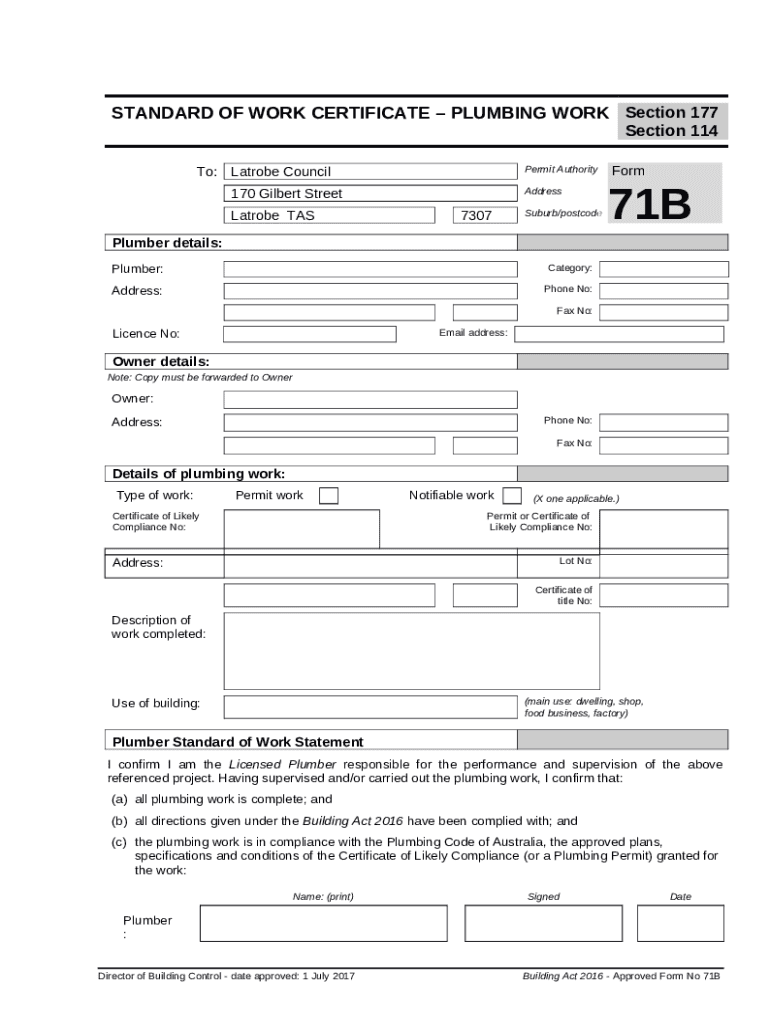 71B - Standard of Work Certificate - Plumbing Work Doc Template | pdfFiller