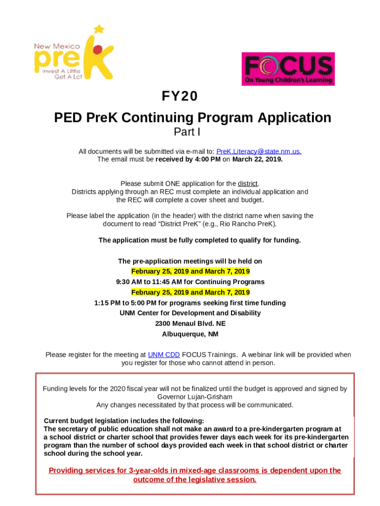 FY20 PED PreK Continuing Program Application Doc Template | pdfFiller