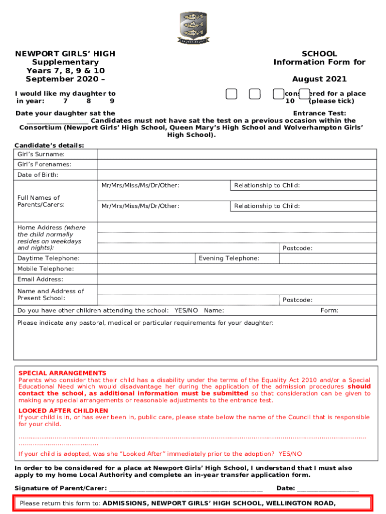 Newport Girls' High School 11 Plus: 2024 Entry Guide Doc Template | pdfFiller