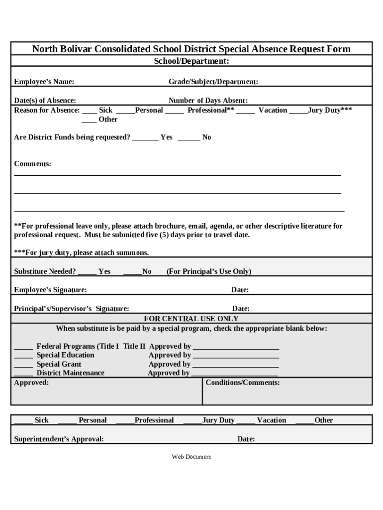 North Bolivar School District Leave Request Doc Template | pdfFiller
