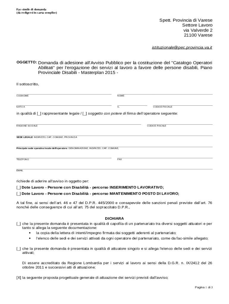 FAC SIMILE DI DOMANDA (da compilarsi su carta libera) Doc Template ...