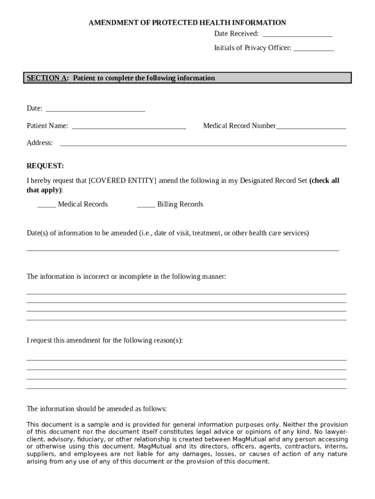 AMENDMENT OF PROTECTED HEALTH INATION Doc Template | pdfFiller