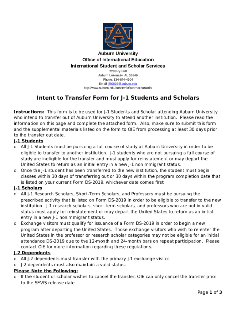 Intent to Transfer for J-1 Students and Scholars Doc Template | pdfFiller
