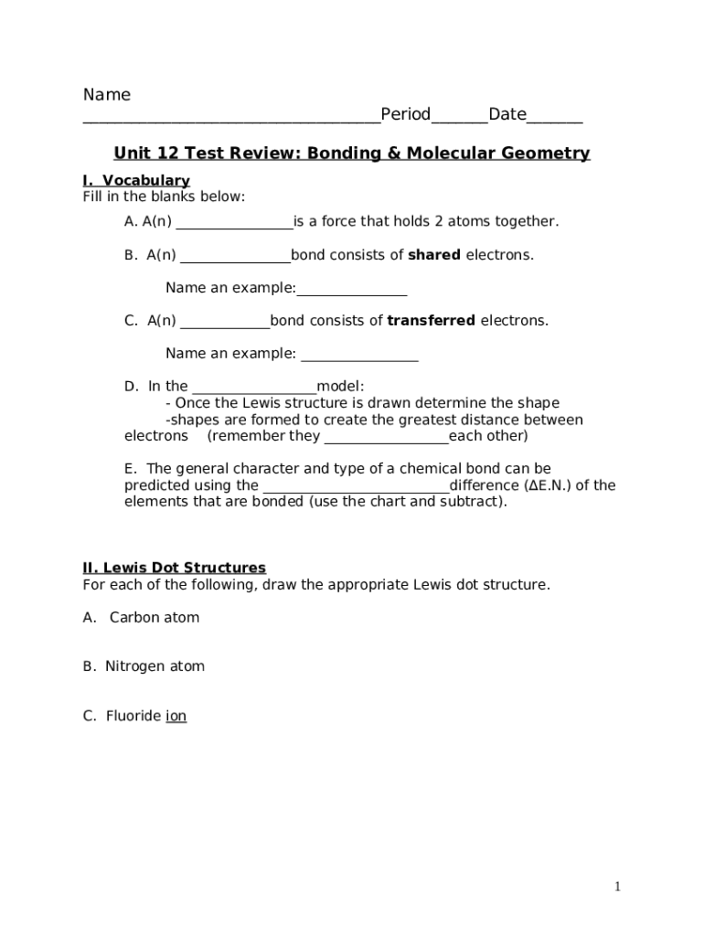 Unit 7: Periodic Table & Bonding Exam Review Sheet Doc Template | pdfFiller