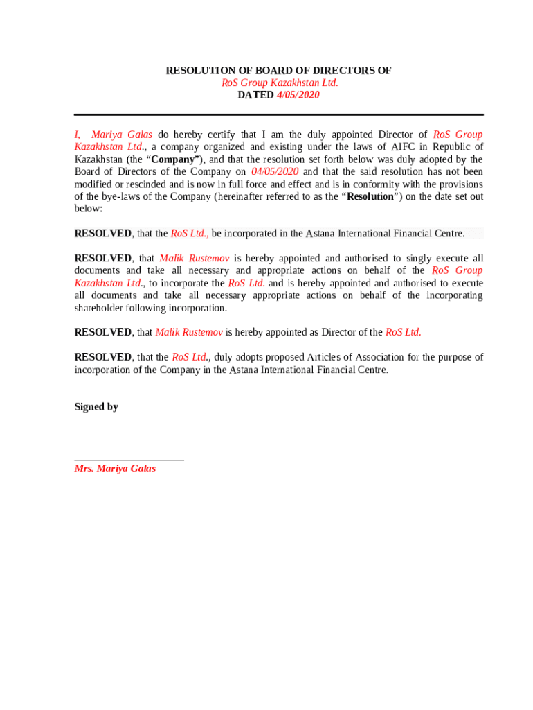 Template resolution on Incorporation by Board of Directors Doc Template ...