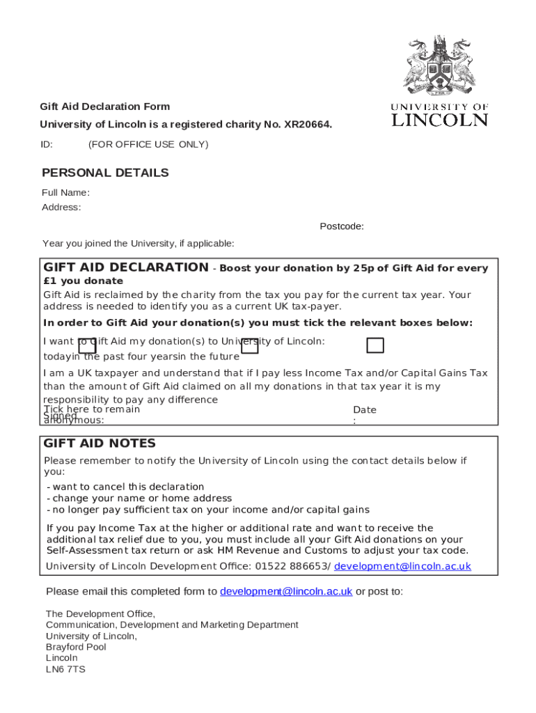 Gift Aid Declaration - Lincoln Doc Template | pdfFiller