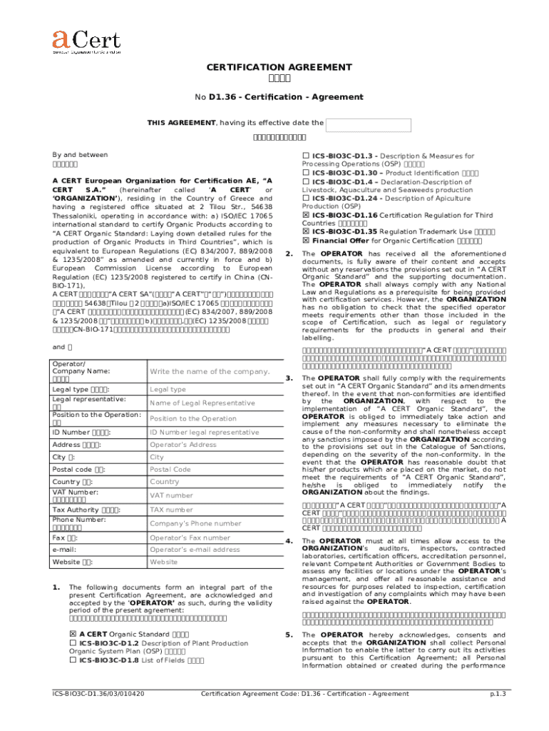 D1.36 - Certification - Agreement Doc Template | pdfFiller