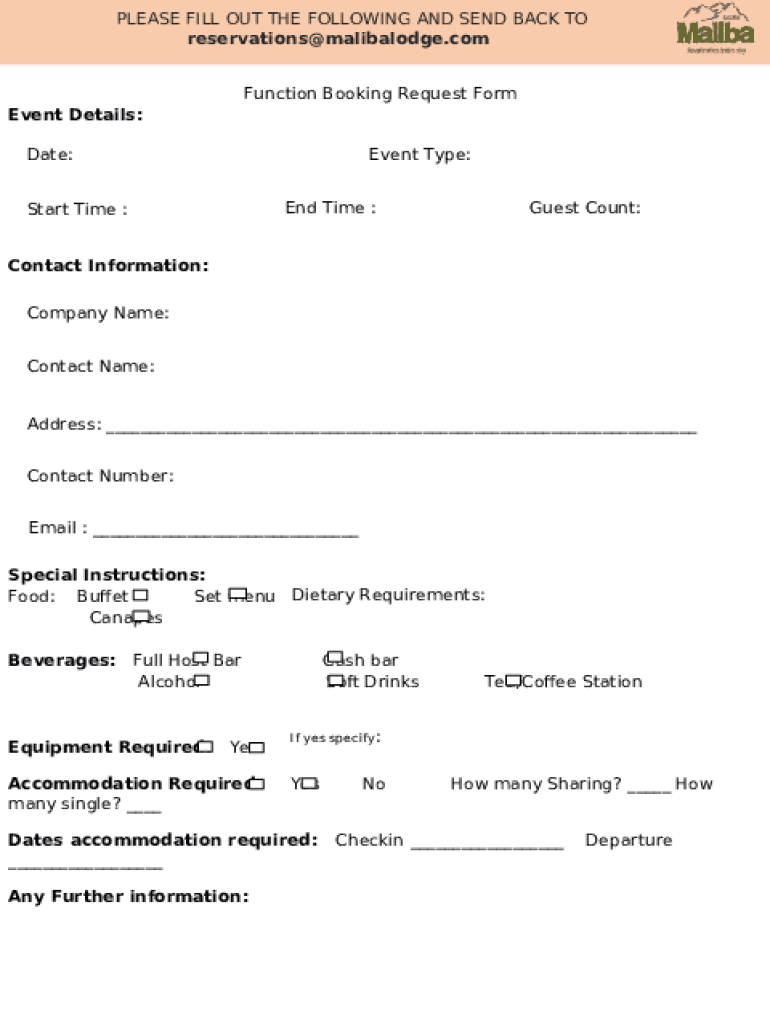 Functions Booking Doc Template | pdfFiller