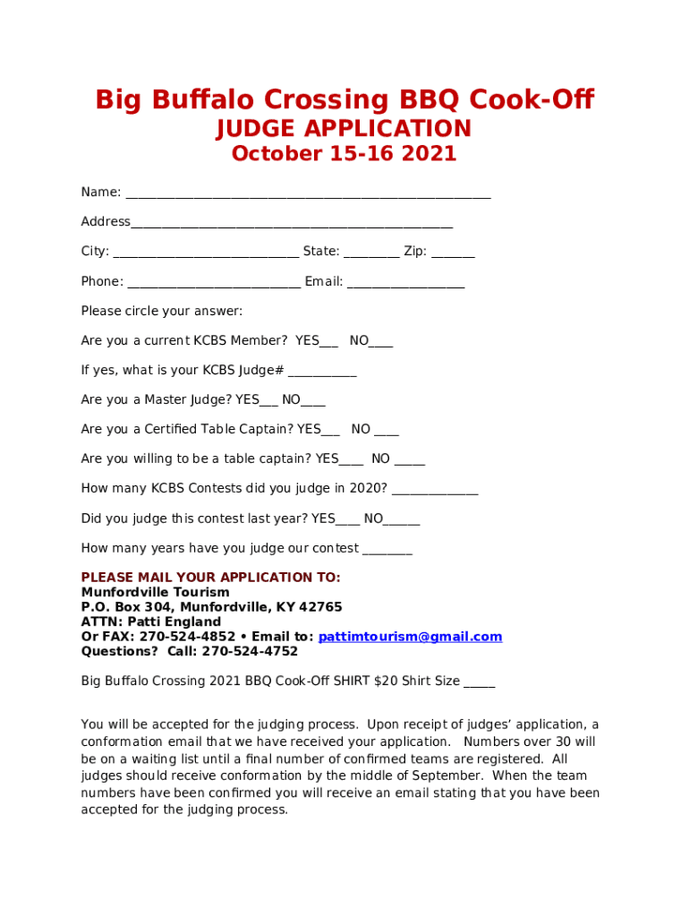 Big Buffalo Crossing BBQ Cook-Off JUDGE APPLICATION ... Doc Template ...