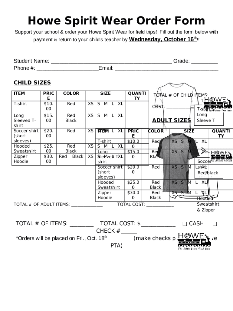 Howe Spirit Wear Order Doc Template | pdfFiller