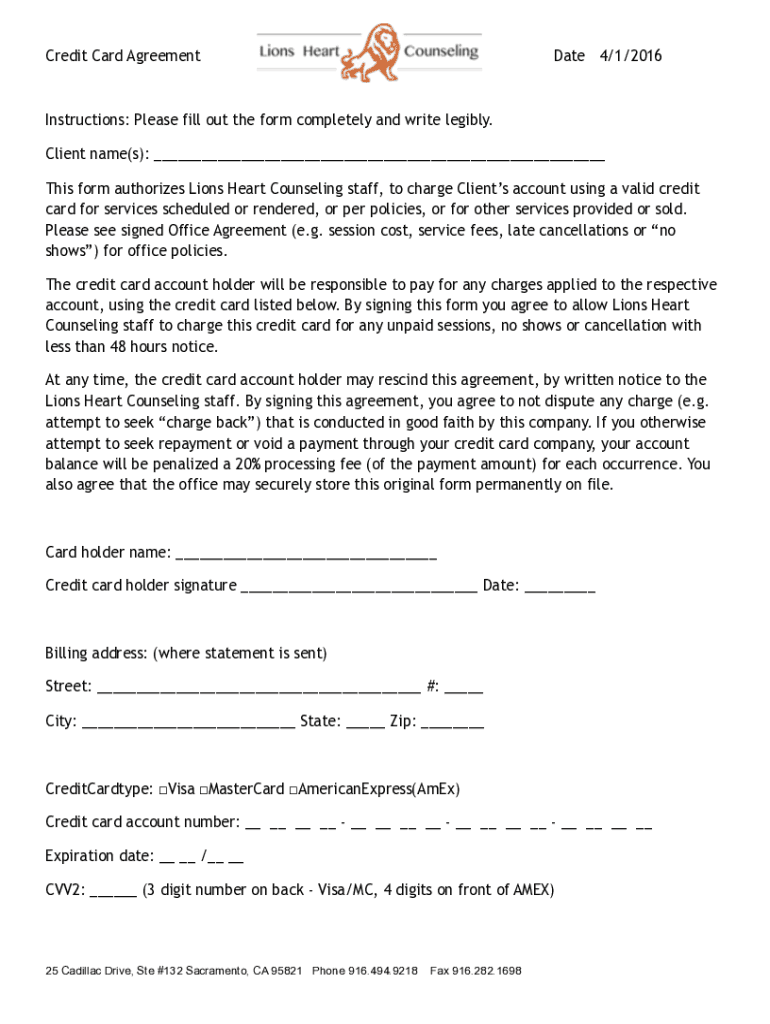 Fillable Online Credit Card Authorization Agreement Instructions Fax ...