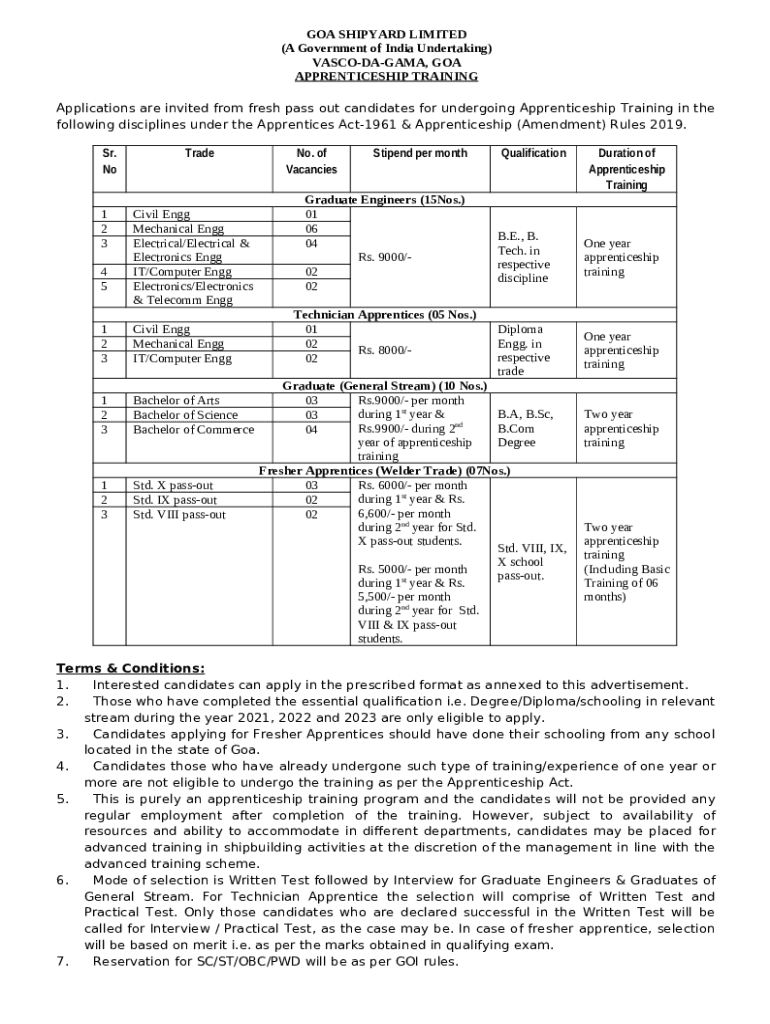 ADVT for Apprenticeship Training - Goa Shipyard Limited Doc Template | pdfFiller
