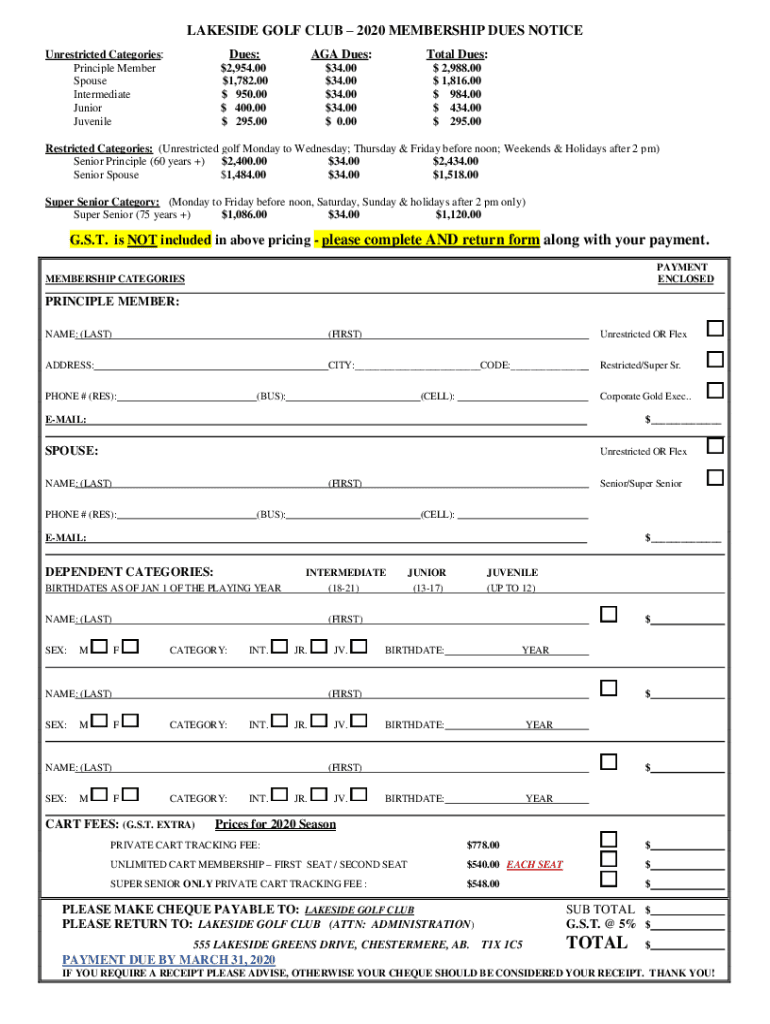 Fillable Online Membership Dues Form - Chestermere - Lakeside Golf Club ...