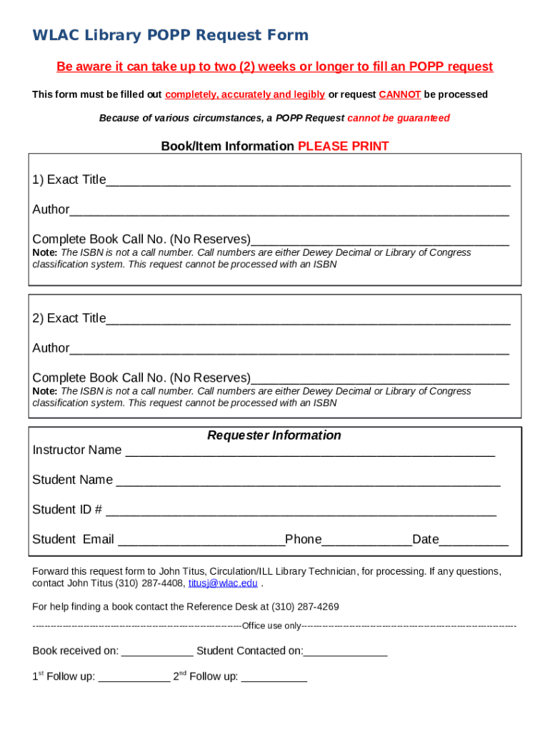 WLAC Library Inter-Library Loan Request Doc Template | pdfFiller