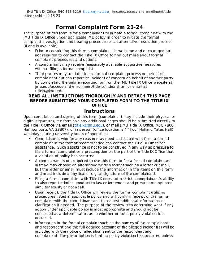 JMU Discrimination/Harassment Complaint Doc Template | pdfFiller