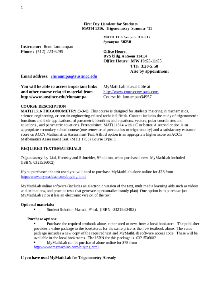 First Day Handout for Students Doc Template | pdfFiller