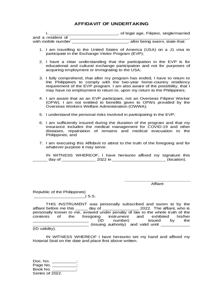affidavit of undertaking - Exchange Visitor Program Doc Template | pdfFiller