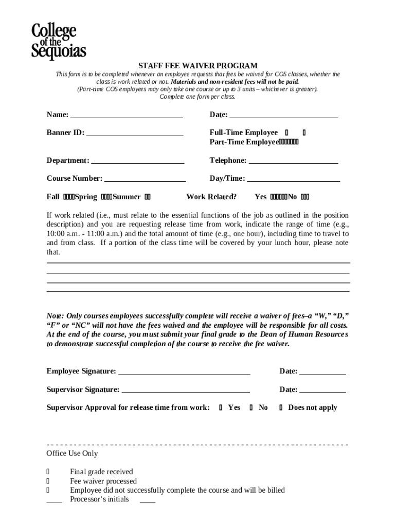 Staff Fee Waiver Doc Template | pdfFiller