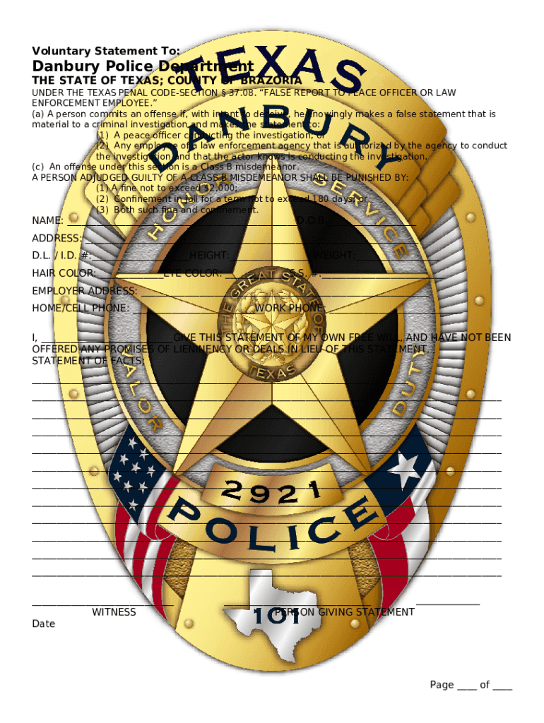 Danbury Police Voluntary Statement Doc Template | pdfFiller
