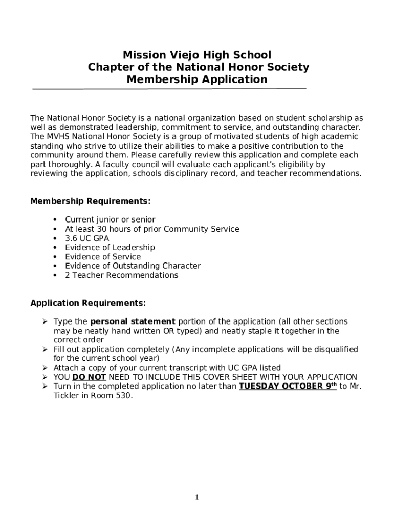 MVHS National Honor Society Membership Application Doc Template | pdfFiller