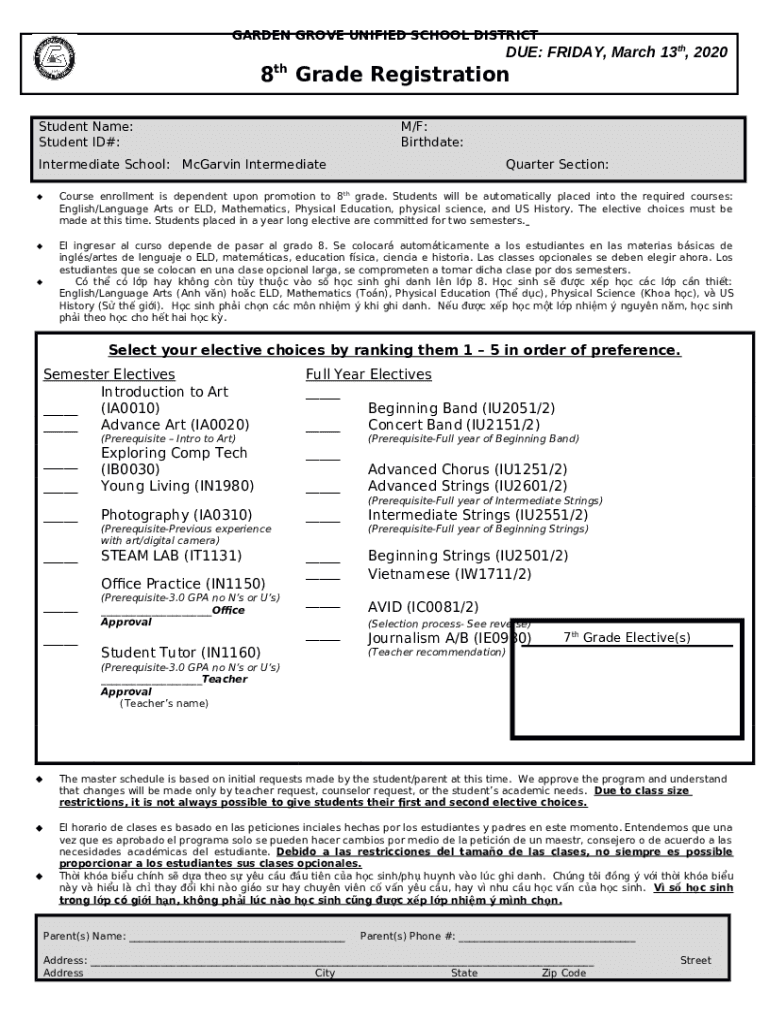 8 th Grade Registration - McGarvin Intermediate School Doc Template ...