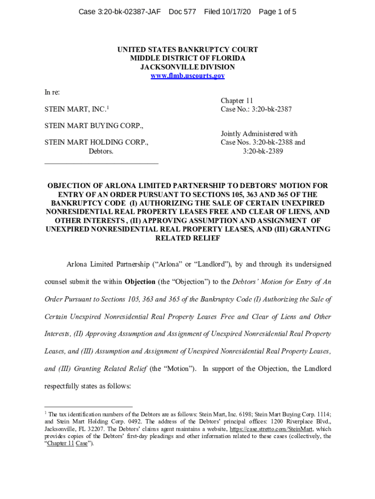 Fillable Online Case 3:20-bk-02387-JAF Doc 577 Filed 10/17/20 Page 1 of ...