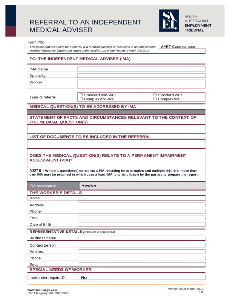Referral to an Independent Medical Adviser. P36 Doc Template | pdfFiller