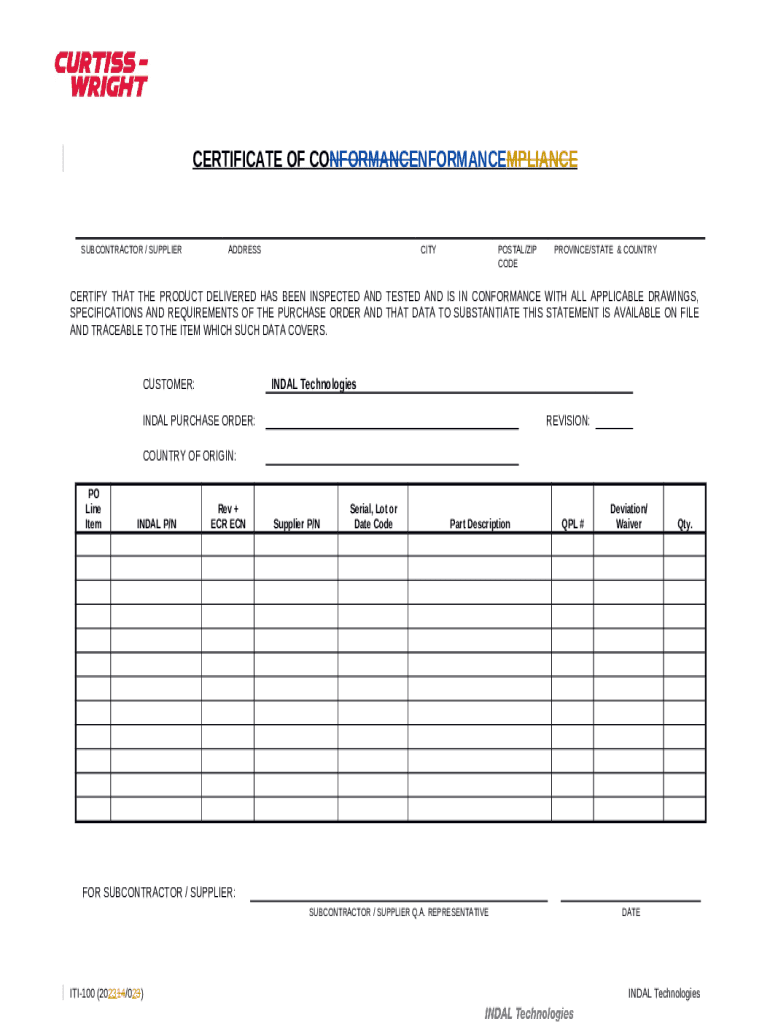ITI-100 - Subcontractor Certificate of Conance. Company s Doc Template ...
