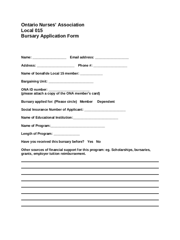 Ontario Nurses' Association Local 015 Bursary Application Doc Template | pdfFiller