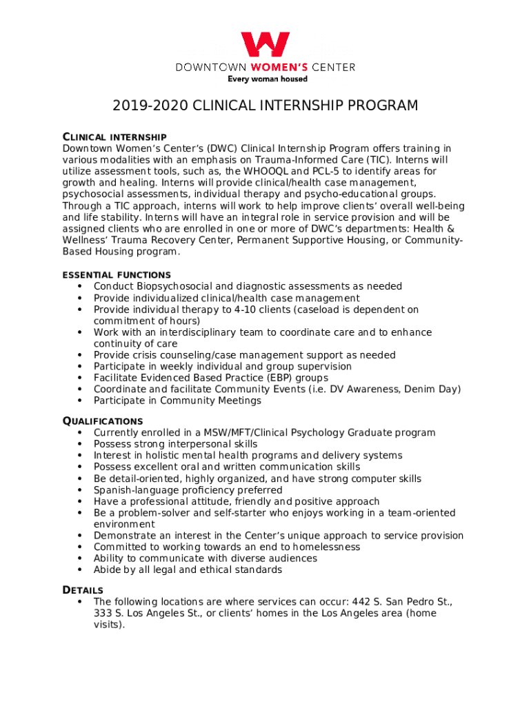 MENTAL HEALTH SERVICES' INTERNSHIP PROGRAM Doc Template | pdfFiller