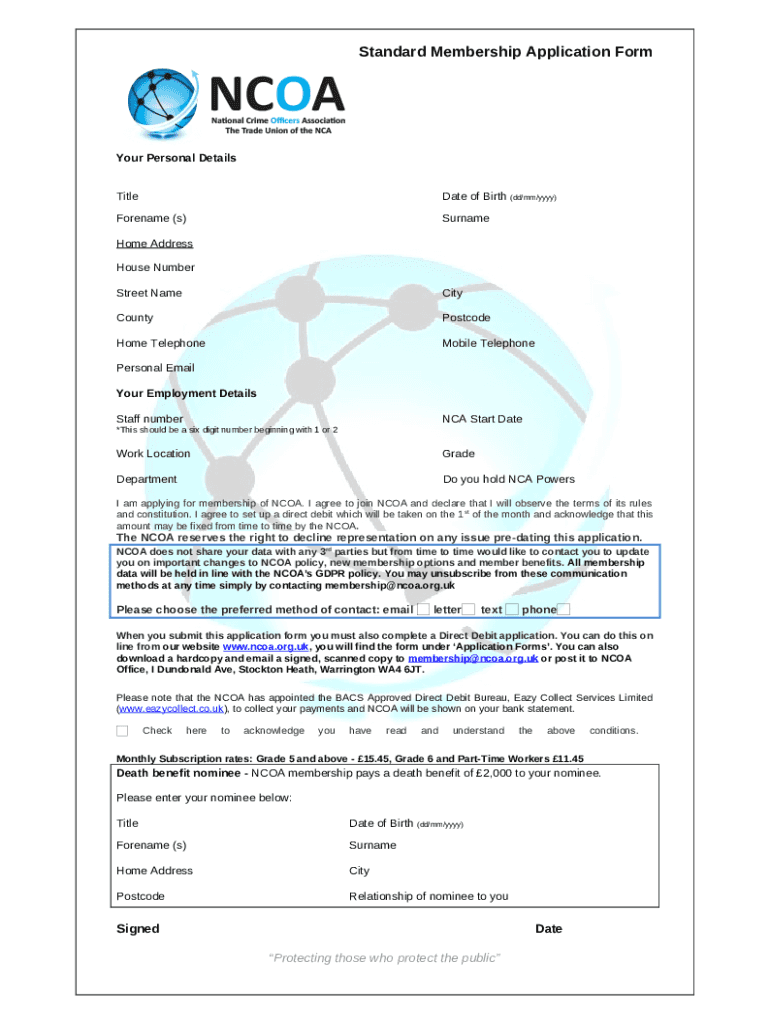 Standard Application - NCOA Doc Template | pdfFiller