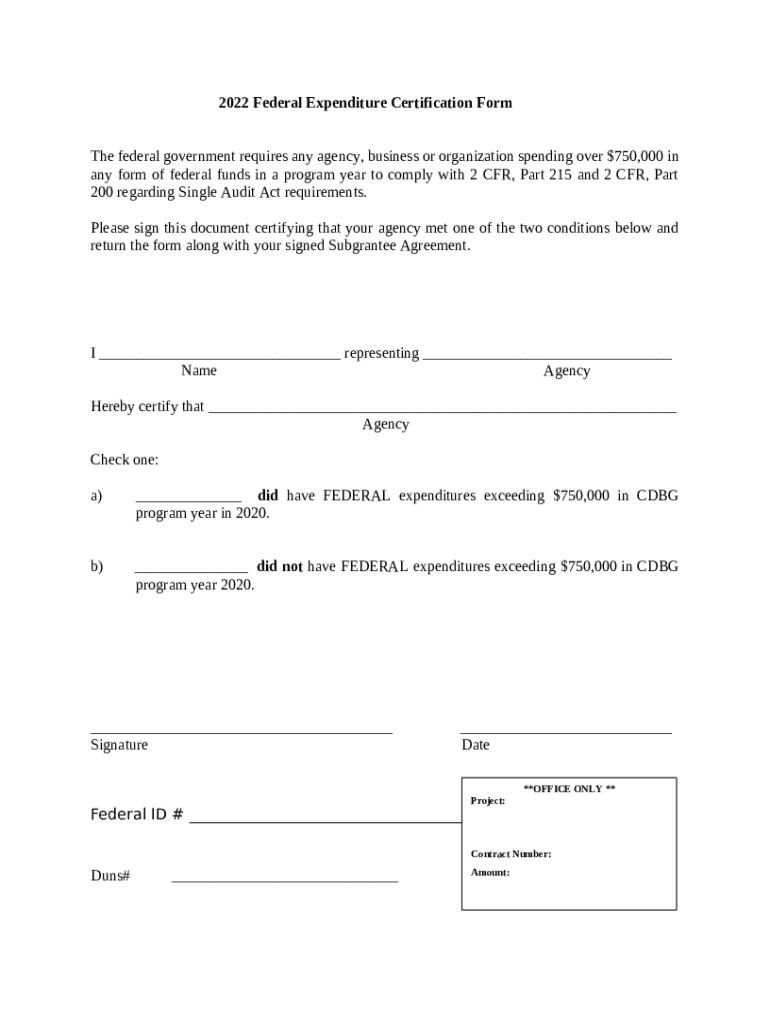 2022 Federal Expenditure Certification Doc Template | pdfFiller