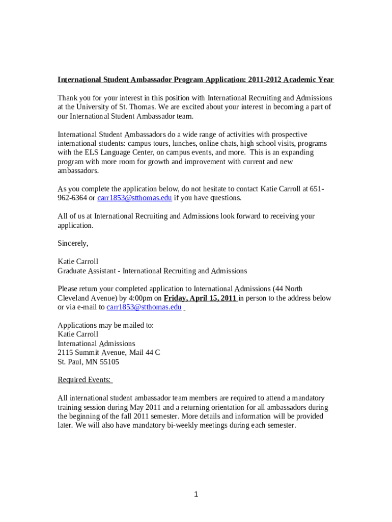 International Student Ambassador Team Application Doc Template | pdfFiller