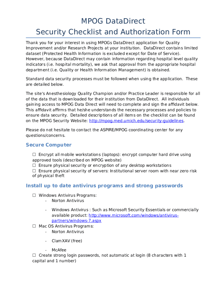 MPOG DataDirect Security Checklist and Authorization ... Doc Template ...