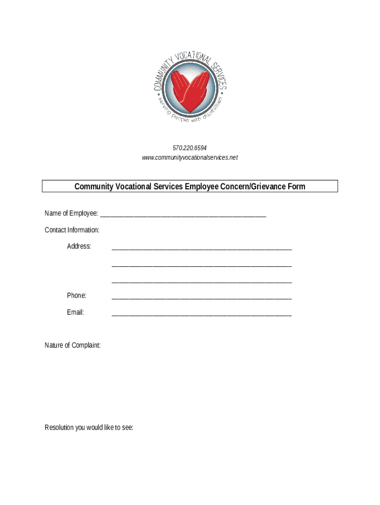 Community Vocational Services Employee Concern/Grievance Doc Template ...