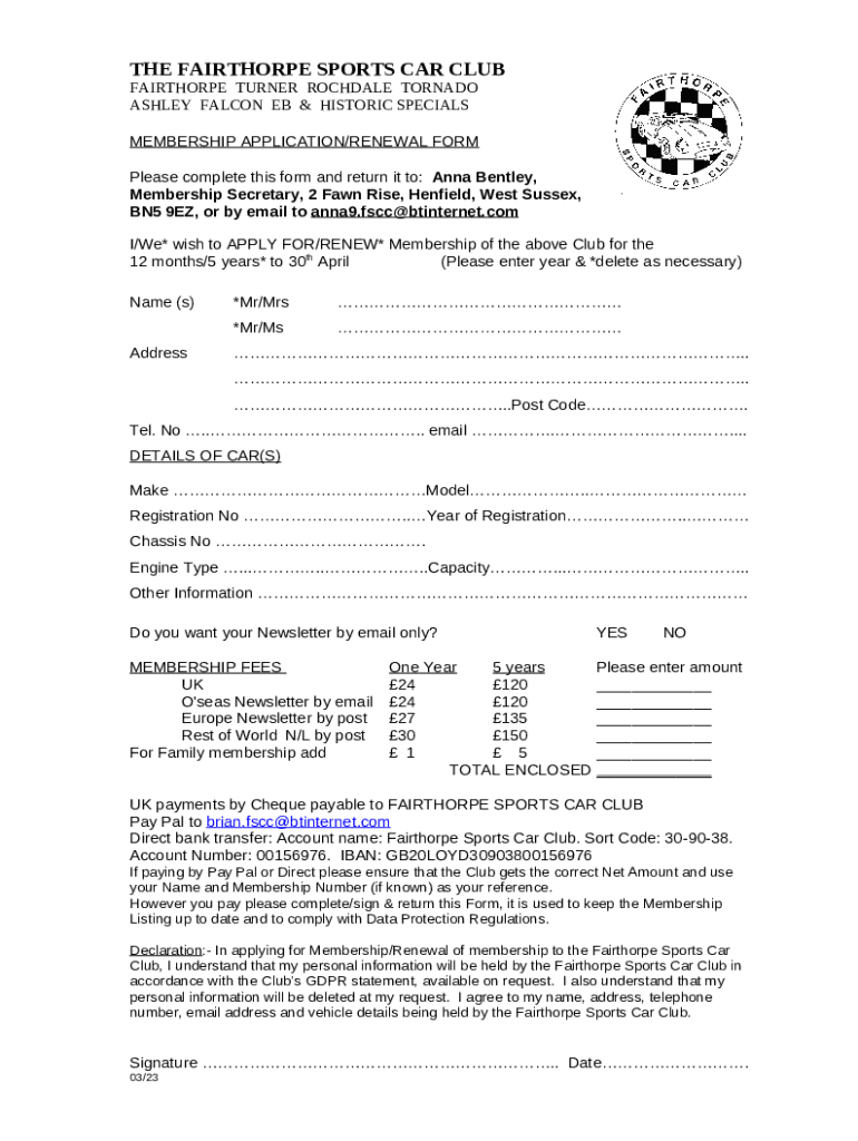 THE FAIRTHORPE SPORTS CAR CLUB Doc Template | pdfFiller
