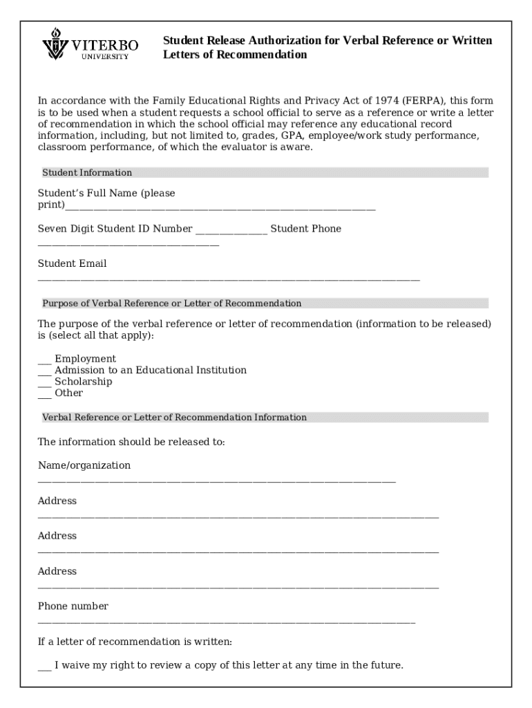 Student Release Authorization for Verbal Reference or Written Letters of Recommendation Doc ...
