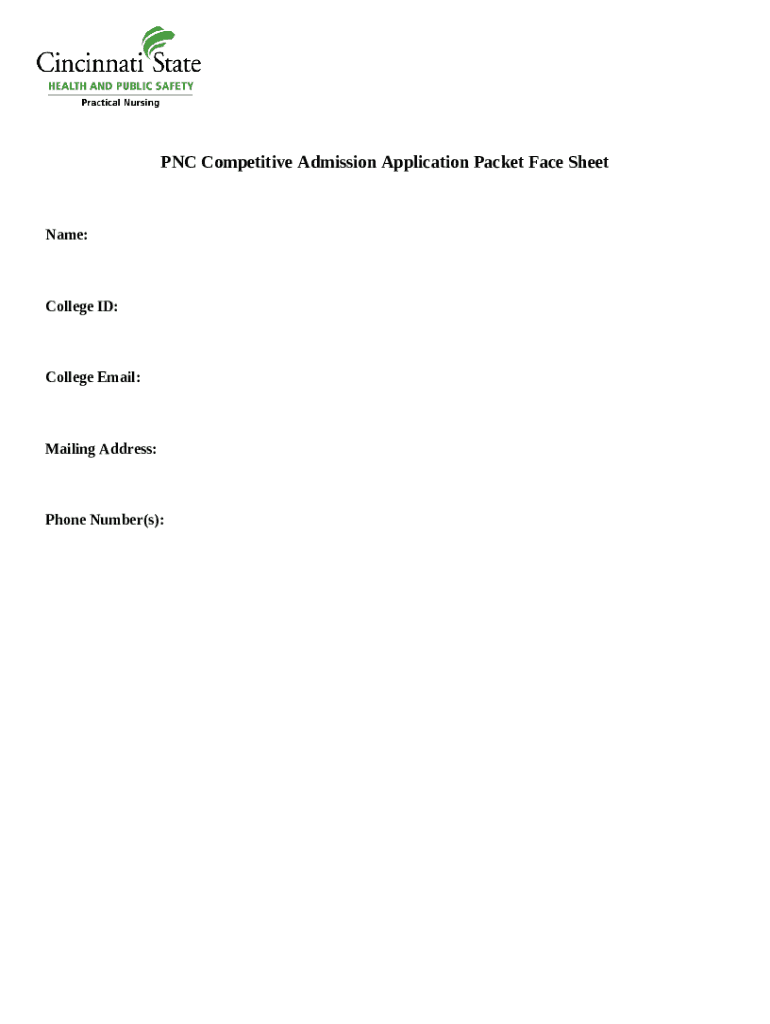 PNC Competitive Admission Application Packet Face Sheet Doc Template ...