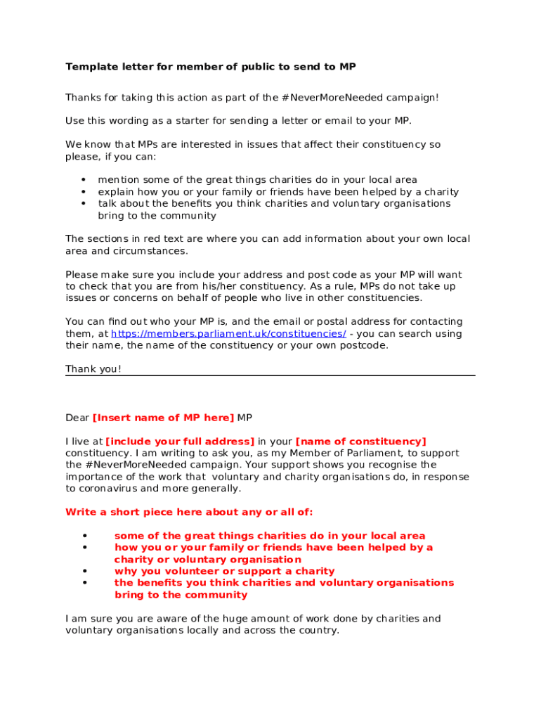 Template letter for member of public to send to MP Doc Template | pdfFiller