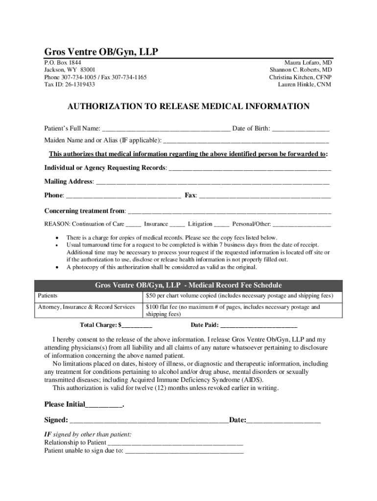 Fillable Online Gros Ventre OB/GYN in Jackson WY555 E. BROADWAY ... Fax ...